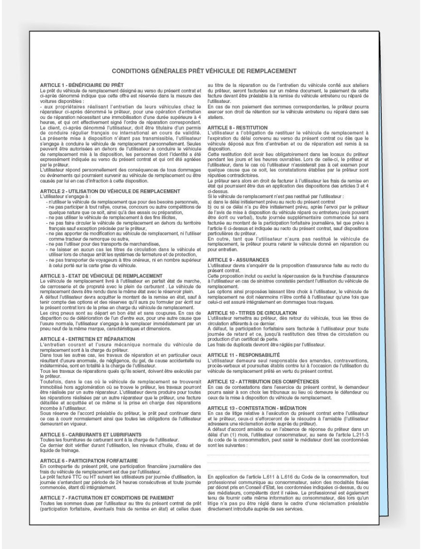 Contrat de prêt de véhicule ou de remplacement sans personnalisation